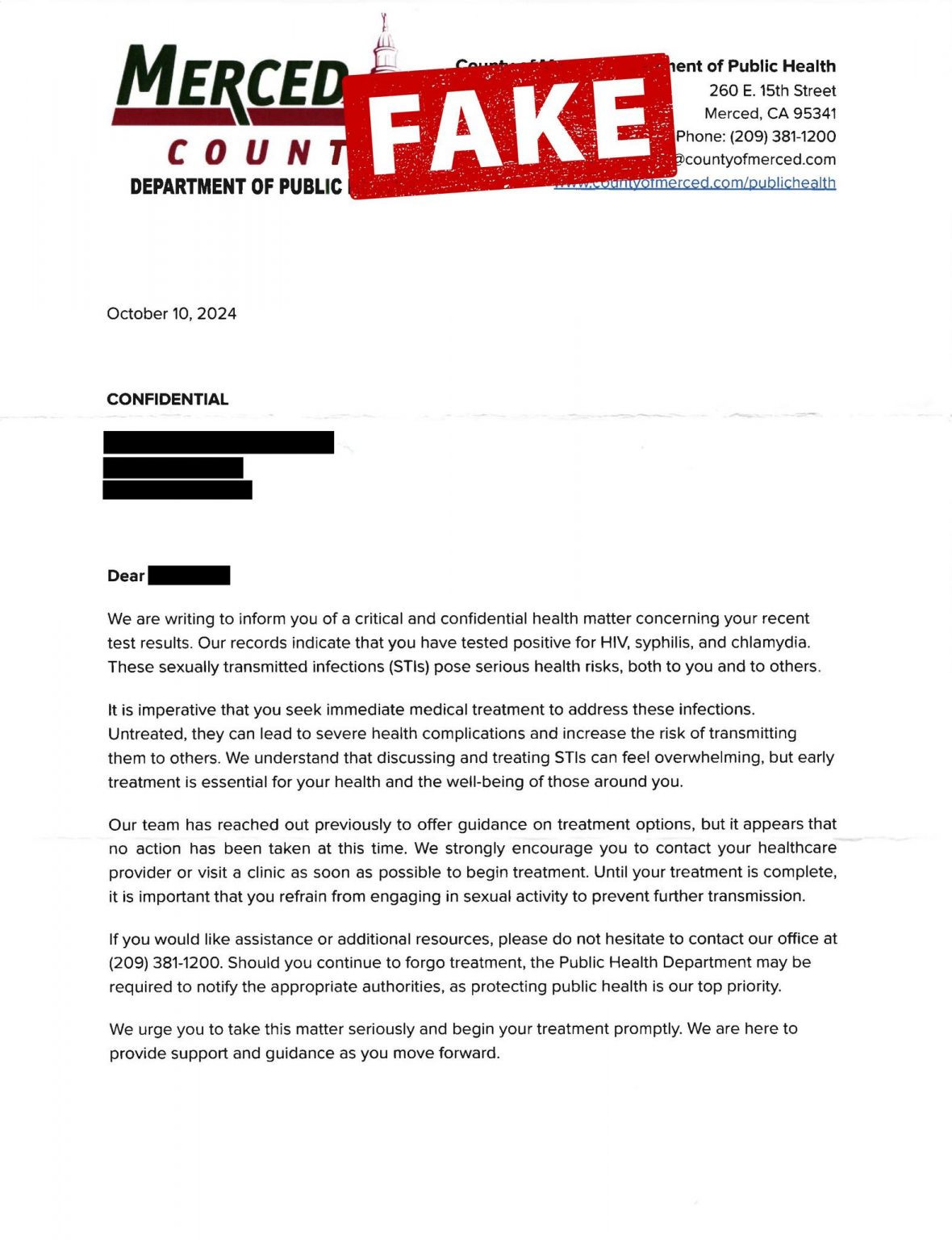 Fake letters go out in Merced County claiming people have STIs